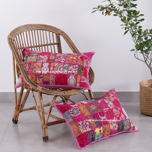 Indian Pink Patchwork Cushion Vintage Embroidery Pillow Cover Cotton ...