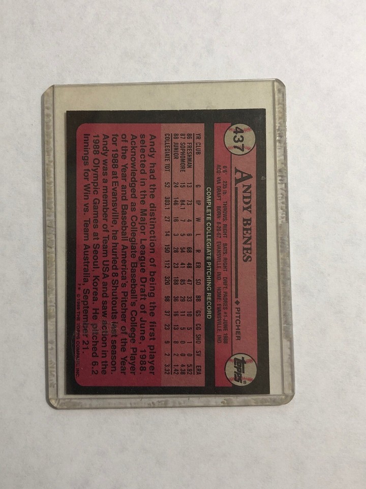 1989 Topps Andy Benes Baseball Rookie Card RC #437 San Diego Padres ...