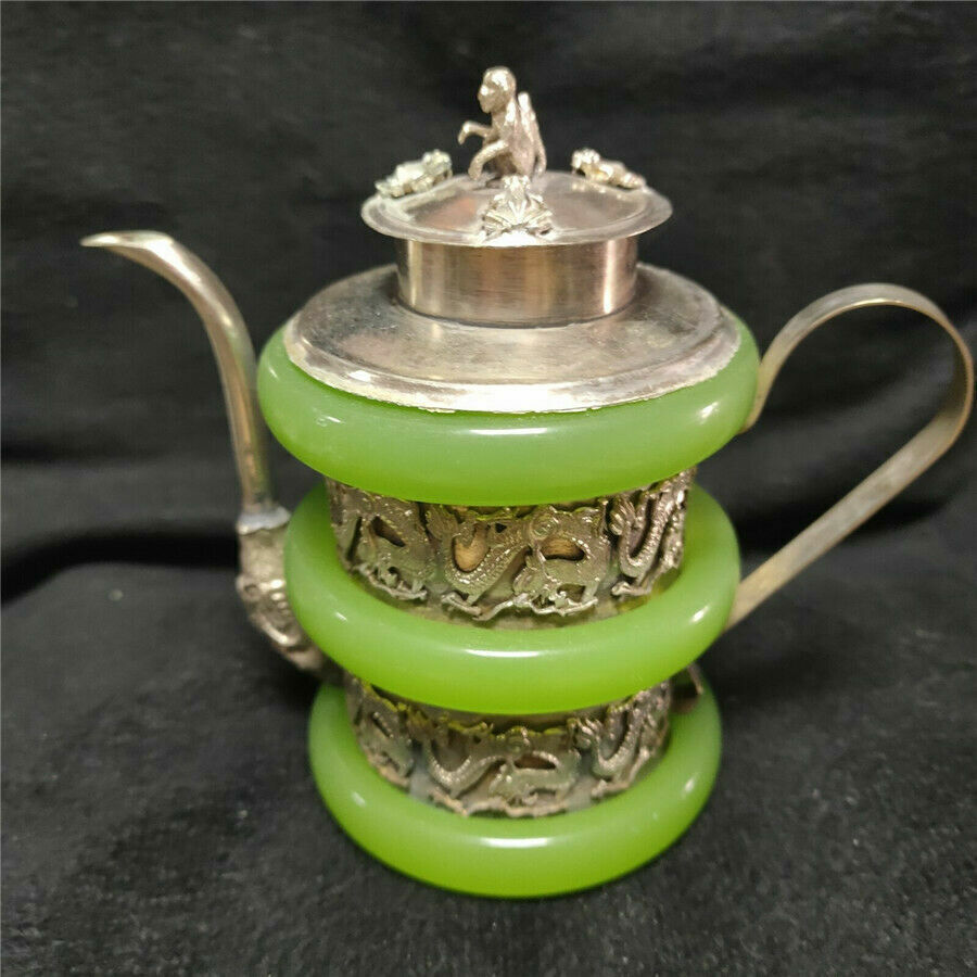 Chinese Armor Jade old Tibet silver hand carved Dragon monkey Lid ...