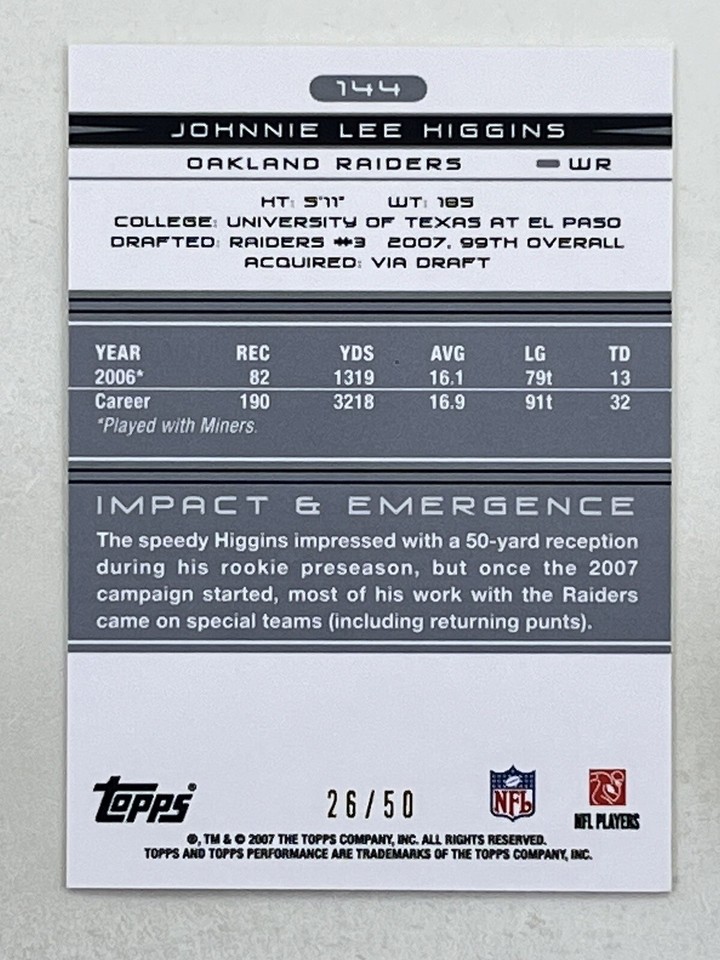 Johnnie Lee Higgins 2007 Topps Performance Silver RC /50 #144 NFL ...