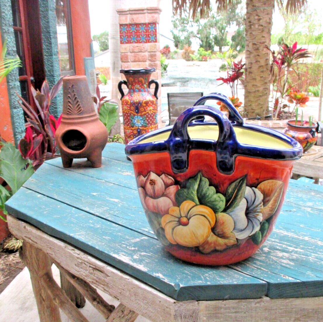 Mexican Pottery Planters Large Trendspot 16 In. Teal Talavera Cantina
