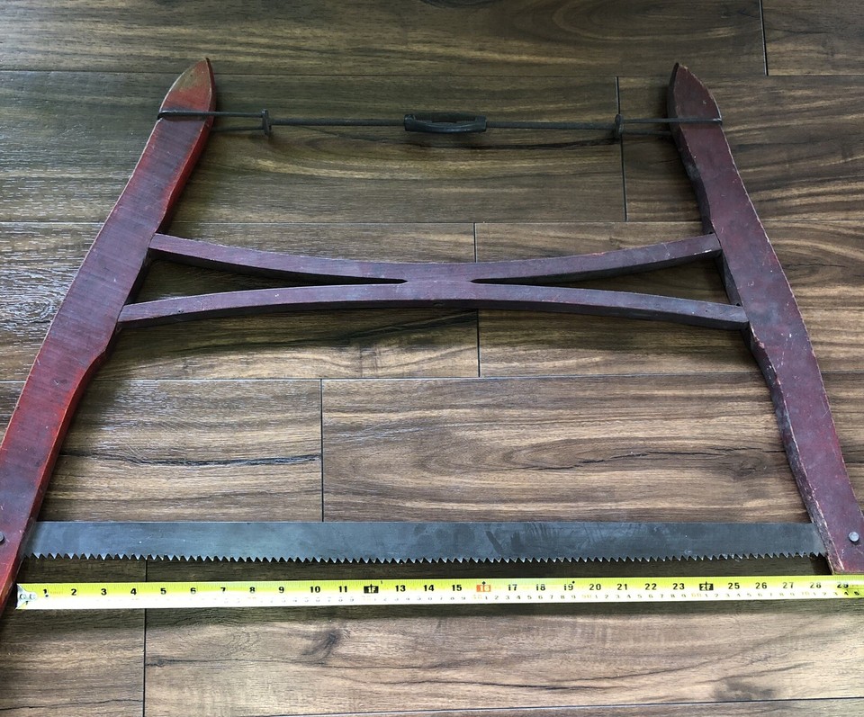 VINTAGE ANTIQUE CROSS CUT WOOD BUCK / BOW SAW 29in BARN TOOL OX BLOOD ...