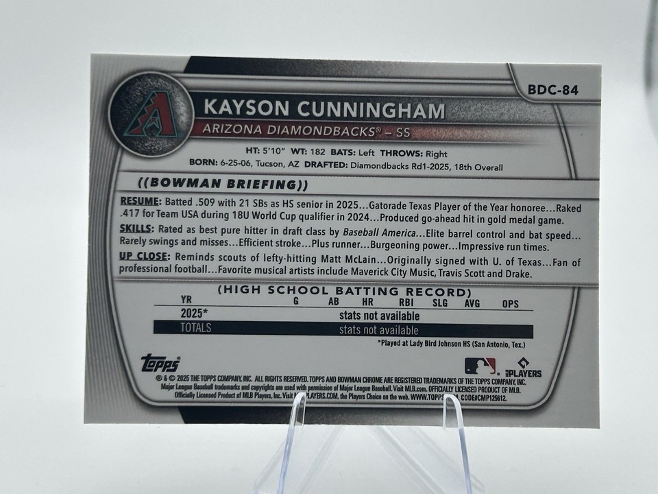 KAYSON CUNNINGHAM. 2025 Bowman Draft Baseball. 1st. Bowman. #BDC-84 ...