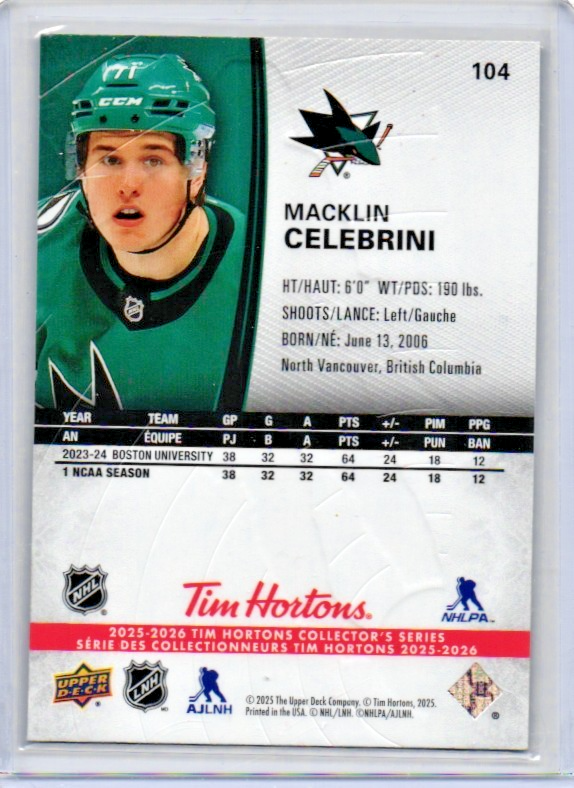 Macklin Celebrini - Upper Deck Tim Hortons 2025-26 Base - RC - San Jose ...