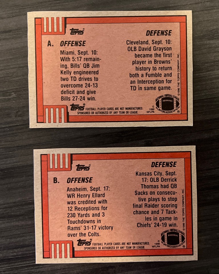 1990 Topps Football Box Bottom A&B - Jim Kelly David G. Henry E ...