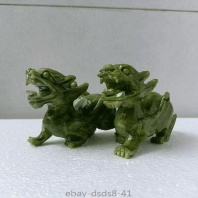 A Pair 5.12" Chinese Natural Green Jade Dragon Pixiu Statue Collect ...