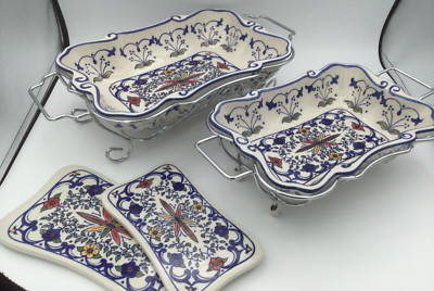 BRYLANE Home Kitchen Two Piece Rectangle Dishes Metal Racks Blue Floral ...