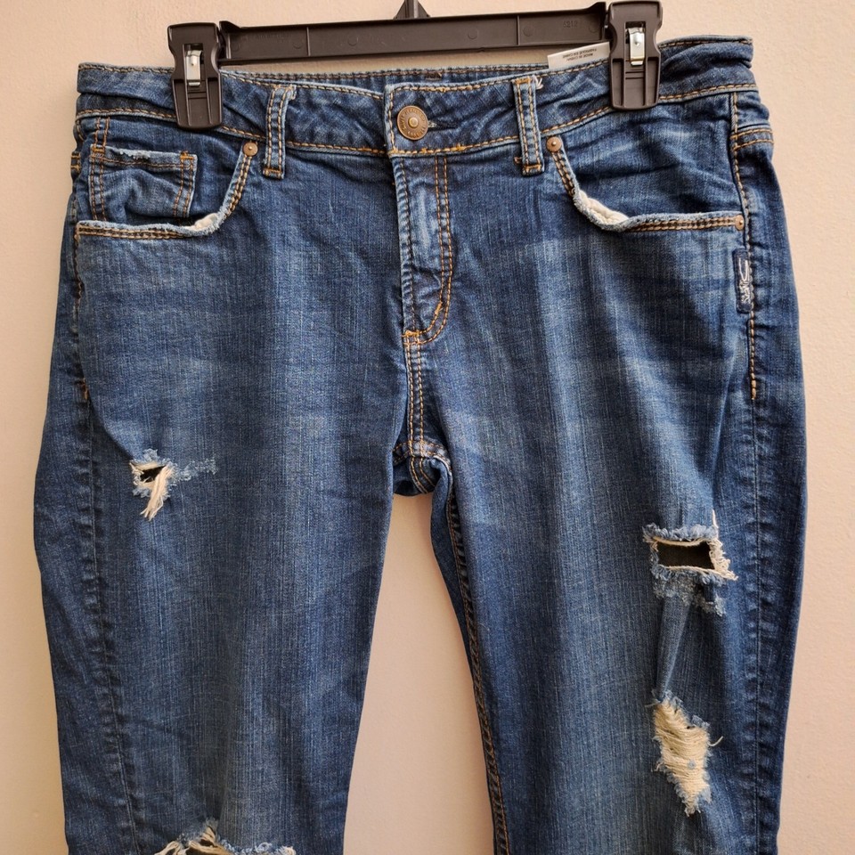 Silver Jeans Sam Slim Straight Destressed Womens 30x29 Blue Mid Rise ...