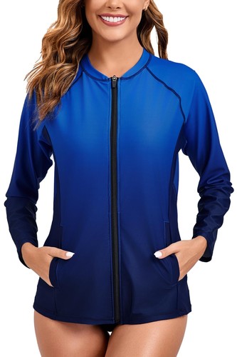 Women's Full Zip Long Sleeve Rash Guard Swim Top with Pockets UPF50 ...