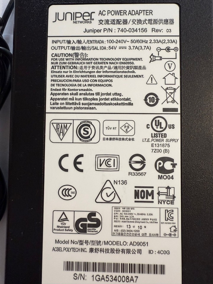 Genuine Juniper Networks AD9051 740-034156 Rev 03 54V 3.7A 200W AC ...