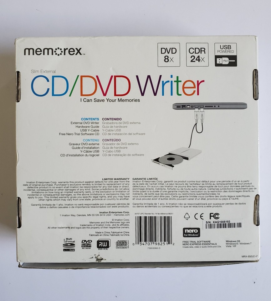 Memorex USB 2.0 External 8 x DVD / 24 x CDR CD/DVD Writer MRX-650LE V7 ...