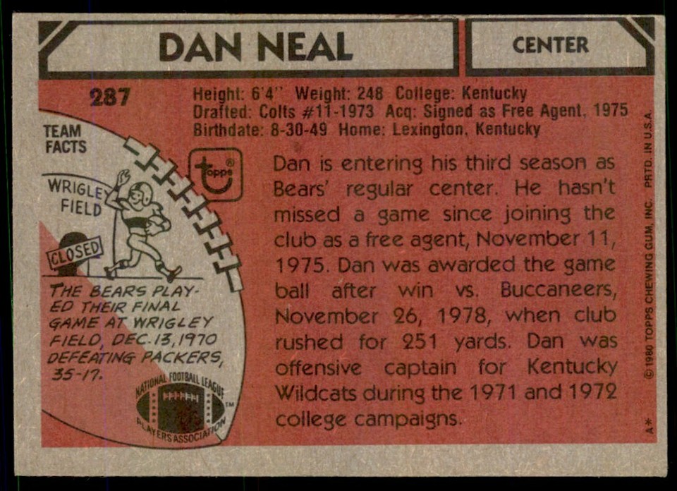 1980 Topps Dan Neal Chicago Bears #287 | eBay