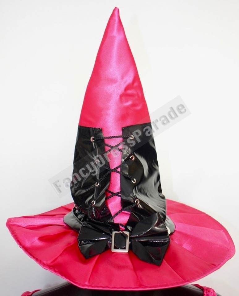 Pink Satin Witch Costume Halloween Black PVC Fancy Dress Hat ...