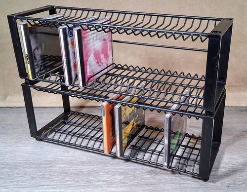 Vtg 2x Lot Black Steel CD Storage Rack, Stackable Modular Metal 52 ...