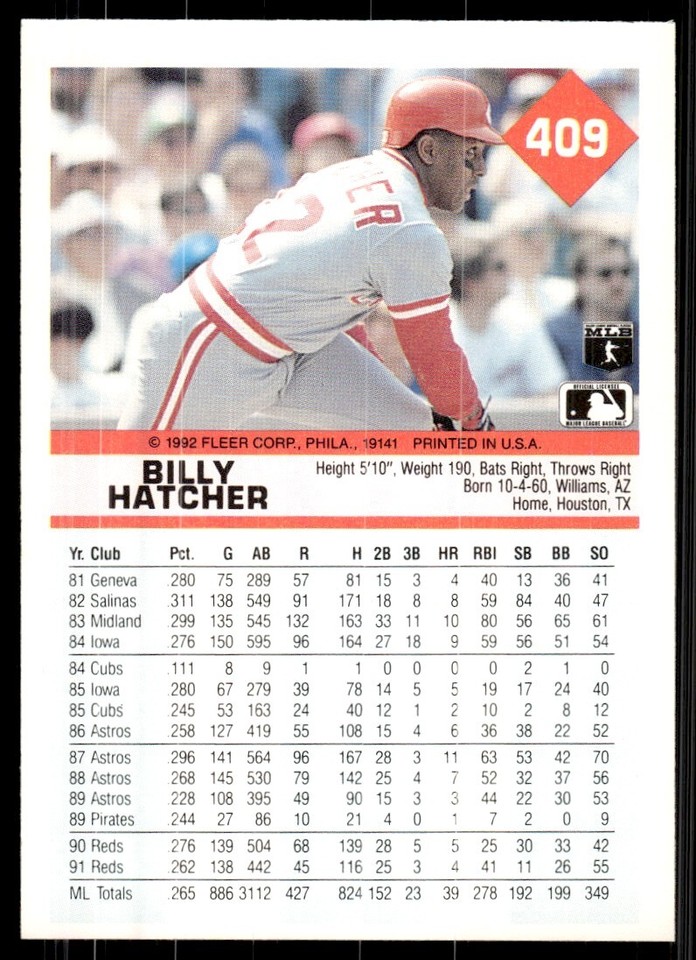 1992 Fleer Baseball Card Billy Hatcher Cincinnati Reds #409 | eBay