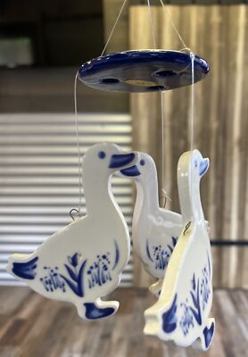 Russ Ornament Wind Chime 3 Ducks Geese Ceramic Delft White Blue Tulips ...