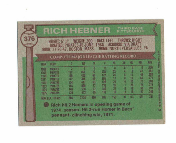 Rich Hebner Pittsburgh Pirates 3B #376 Topps 1976 #Baseball Card | eBay