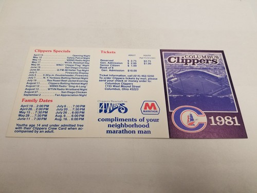 Columbus Clippers 1981 Minor Baseball Pocket Schedule - Marathon | eBay