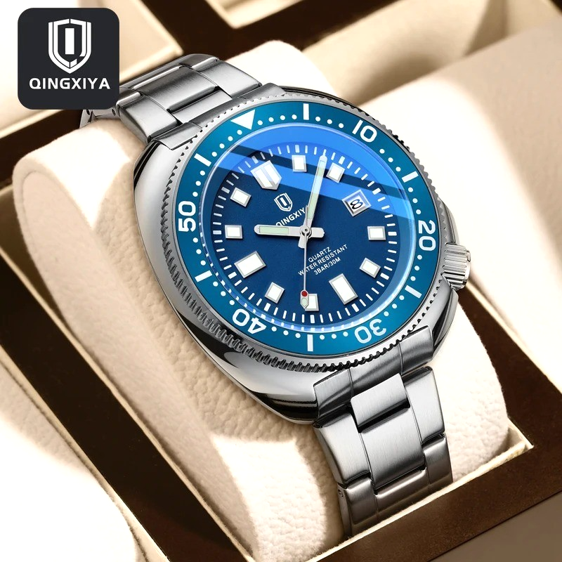44MM QINGXIYA Tuna Quartz Mens Watch Stainless Steel 30M Waterproof ...