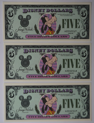 3- 1987 $5 Dollars Disneyland Goofy Sequential Uncirculated Notes ...