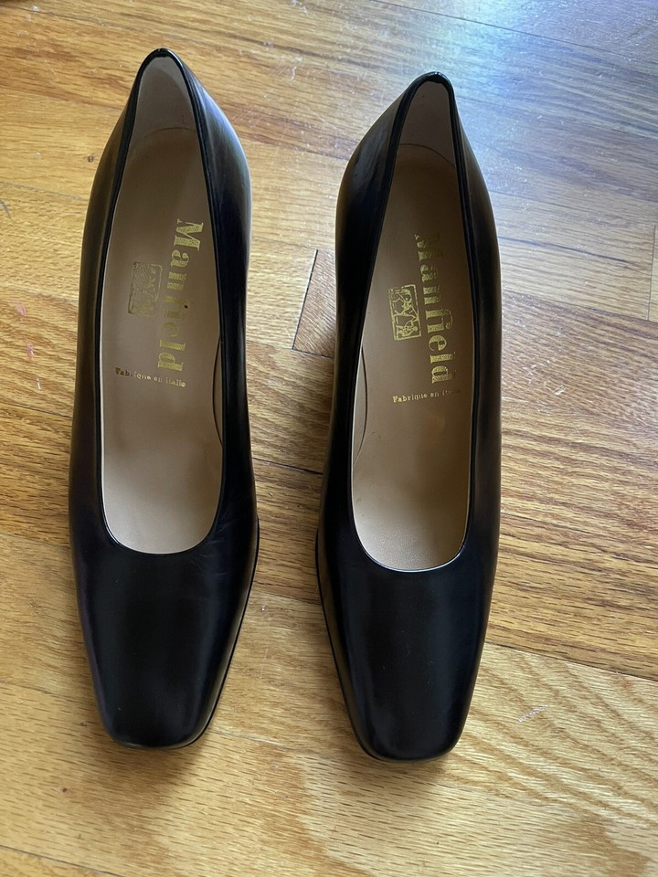 Manfield Shoe Co Leather Smooth Black Made in Italy Sz 36.5 Heel 2.5 ...