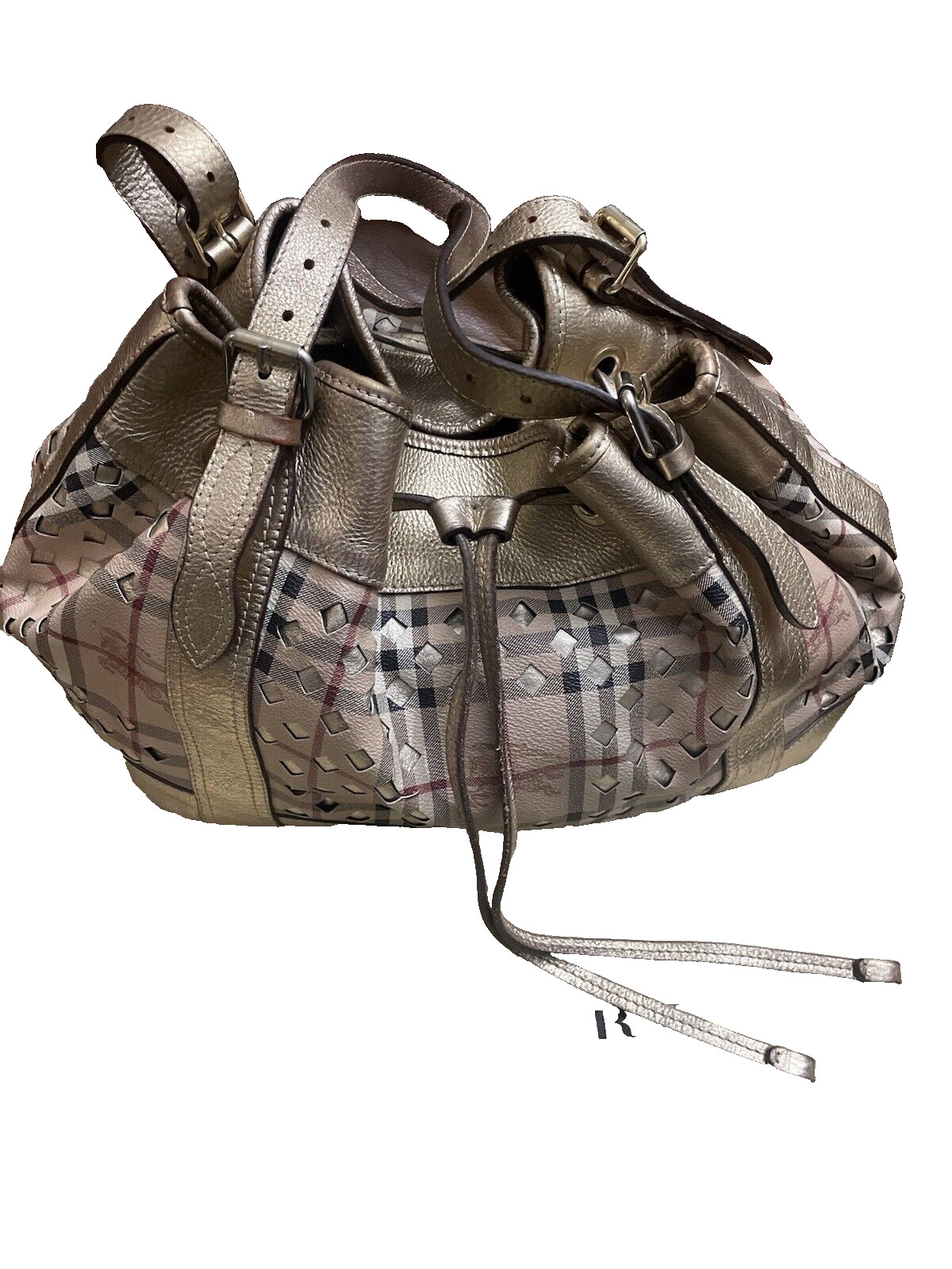 PRE-OWNED MONOGRAM BURBERRY DIAMOND CUT GOLD /TAN HAN… - Gem