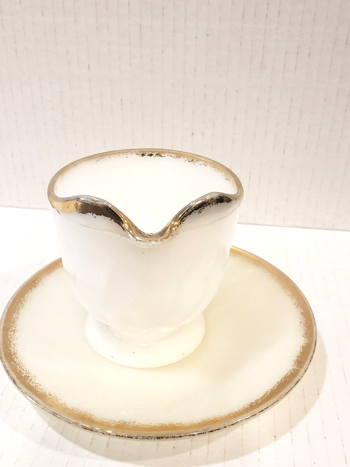 Vintage Fire-King White Milk Glass Swirl Creamer and Underplate Gold ...