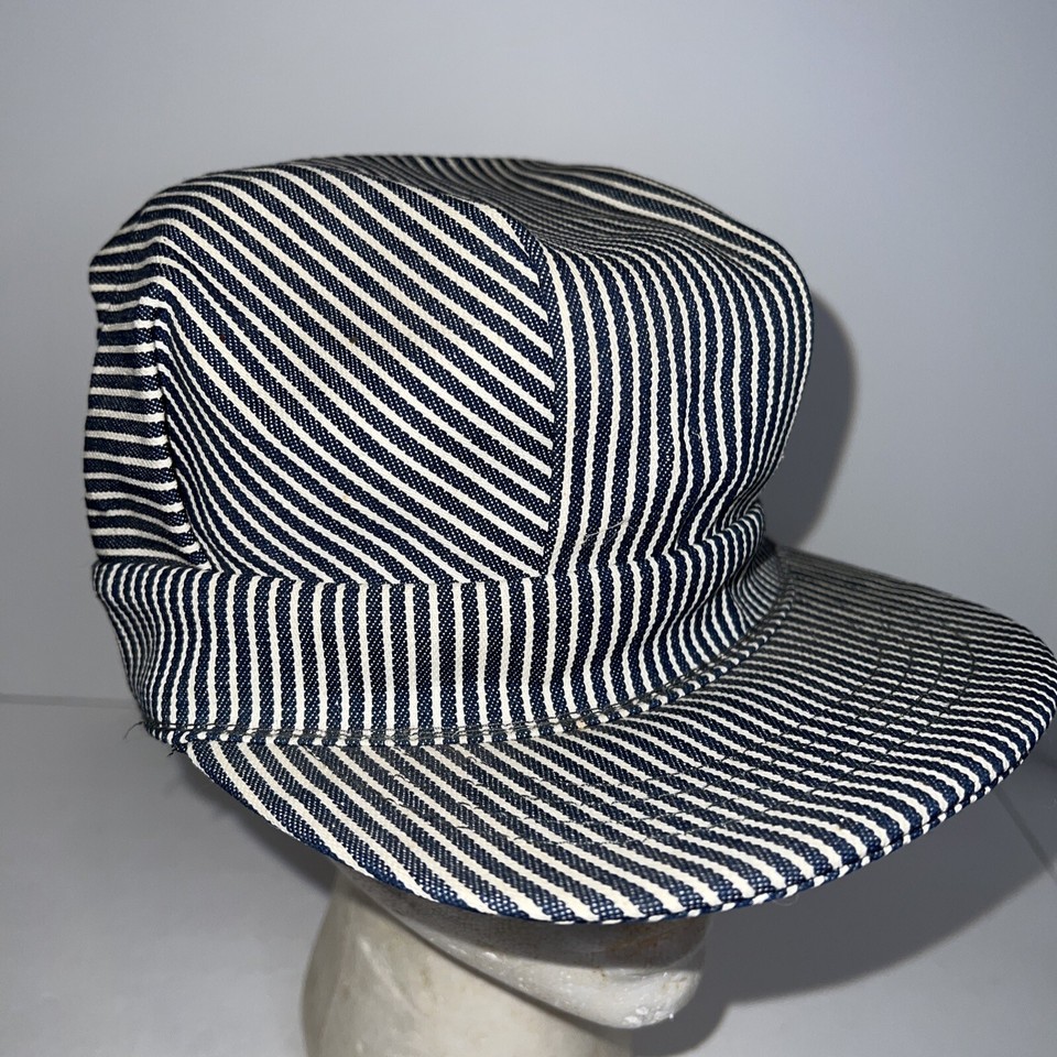 Vintage Railroad Train Conductor Hickory Stripe Hat Cap Blue White ...