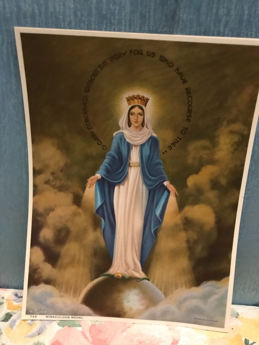 Vtg Virgin Mary 742 Miraculous Medal W Victor Guinness Litho Vtg Virgin Mary 742 Miraculous Medal W Victor Guinness Litho