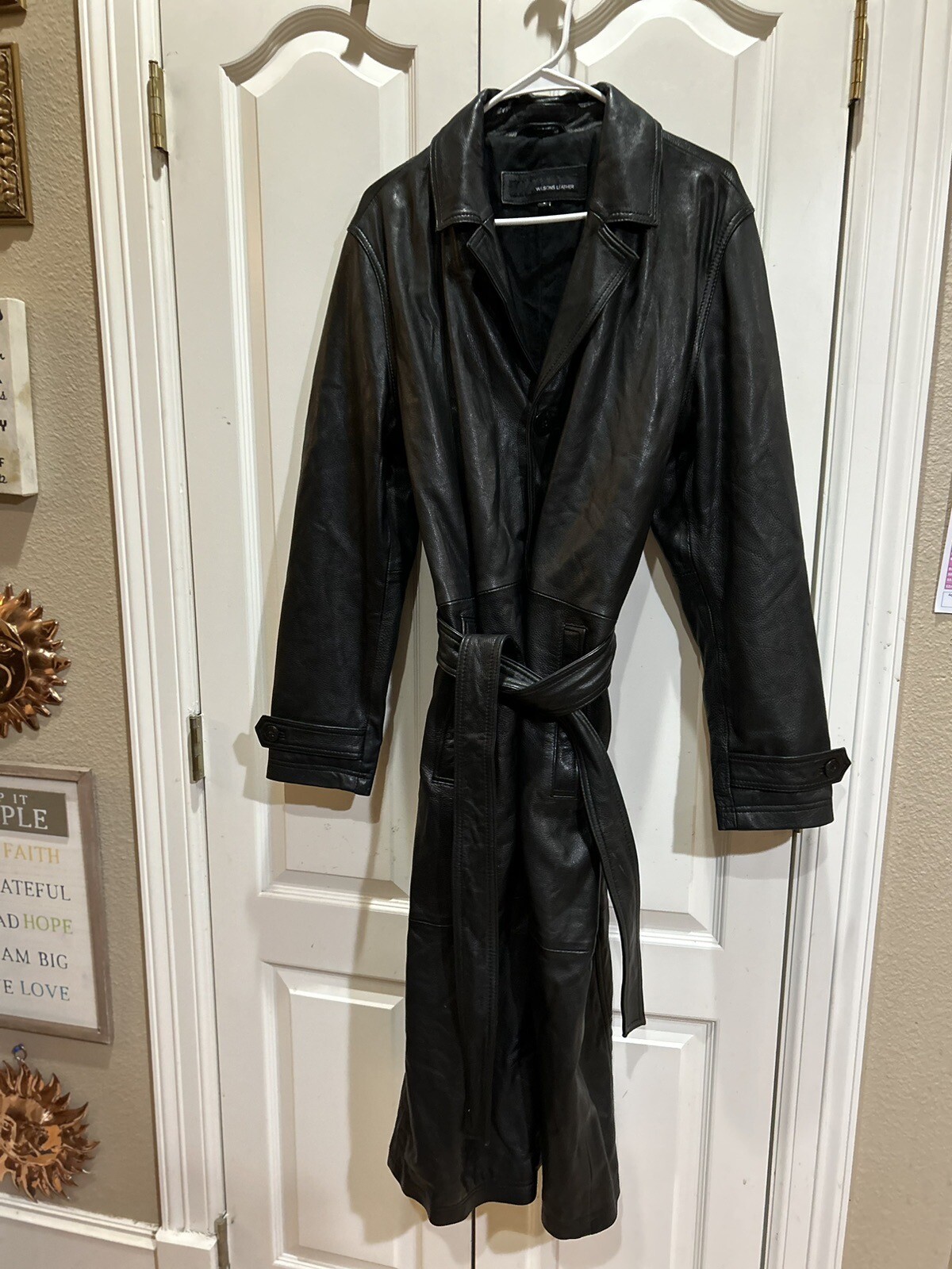 Vintage Wilsons Black Leather Trench Coat Jacket Long… - Gem