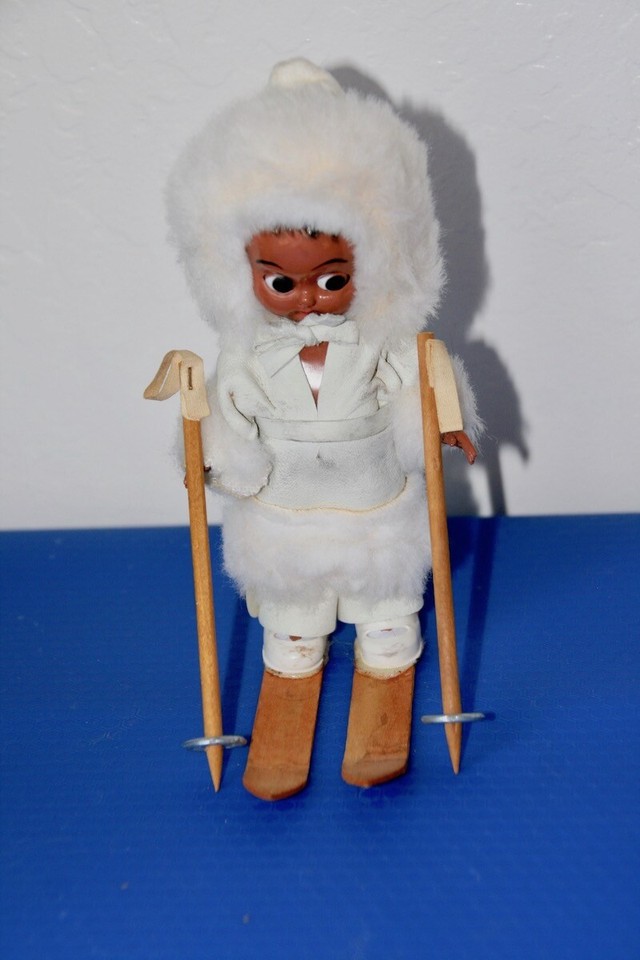 Inuit Eskimo Doll Skiing w/Fur, Leather, Wooden Skis and Poles Almost 6 ...