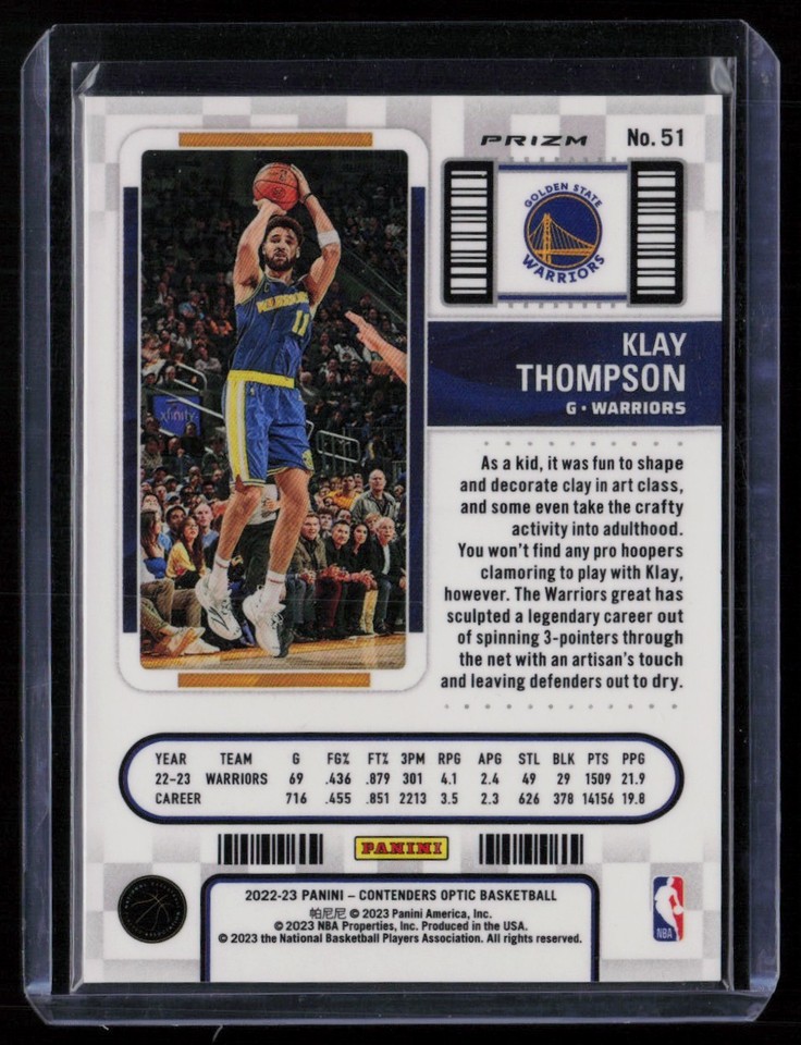 KLAY THOMPSON 2022-23 PANINI CONTENDERS OPTIC SILVER PRIZM GOLDEN STATE ...