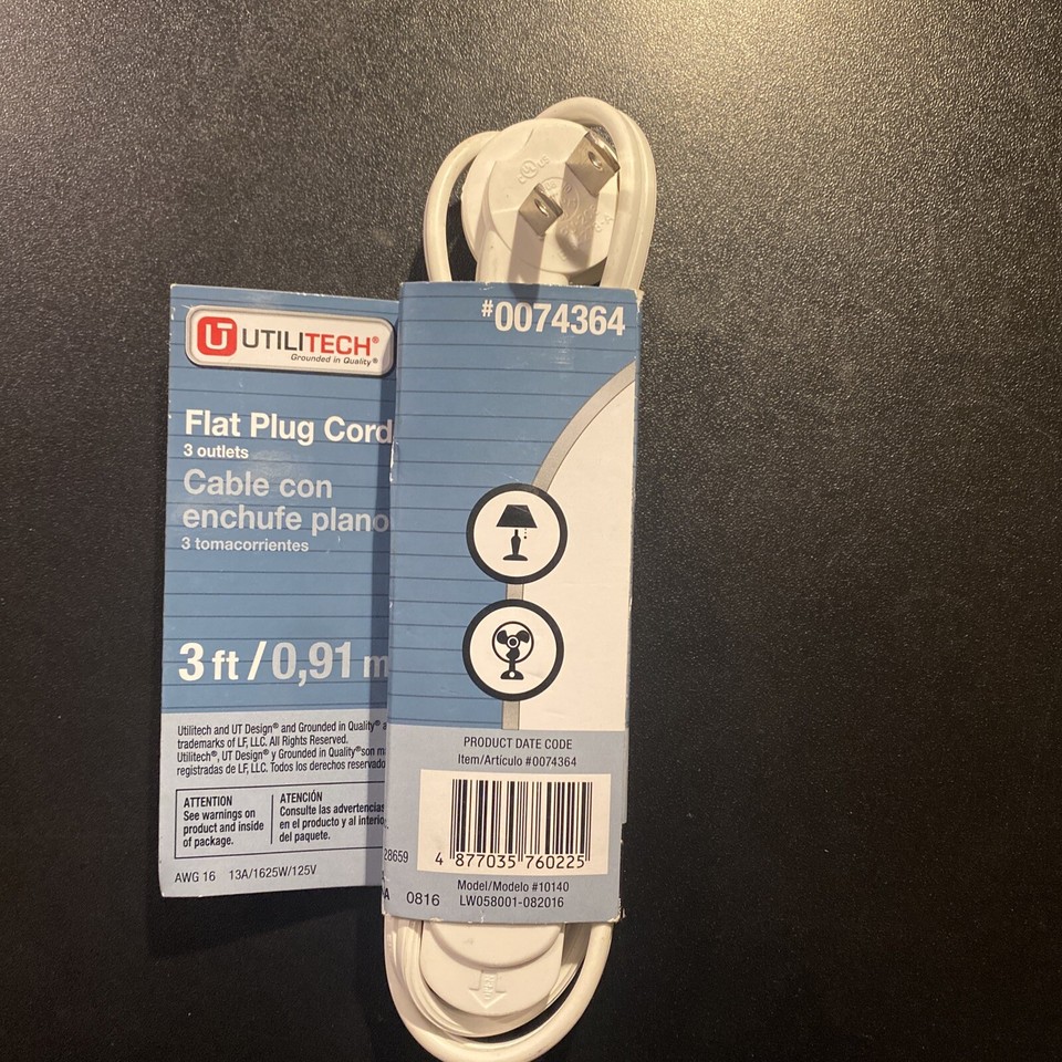 8ft Flat Plug Extension Cord 13 Amp 16 Gauge Wire 3 Outlet Cube Tap ...