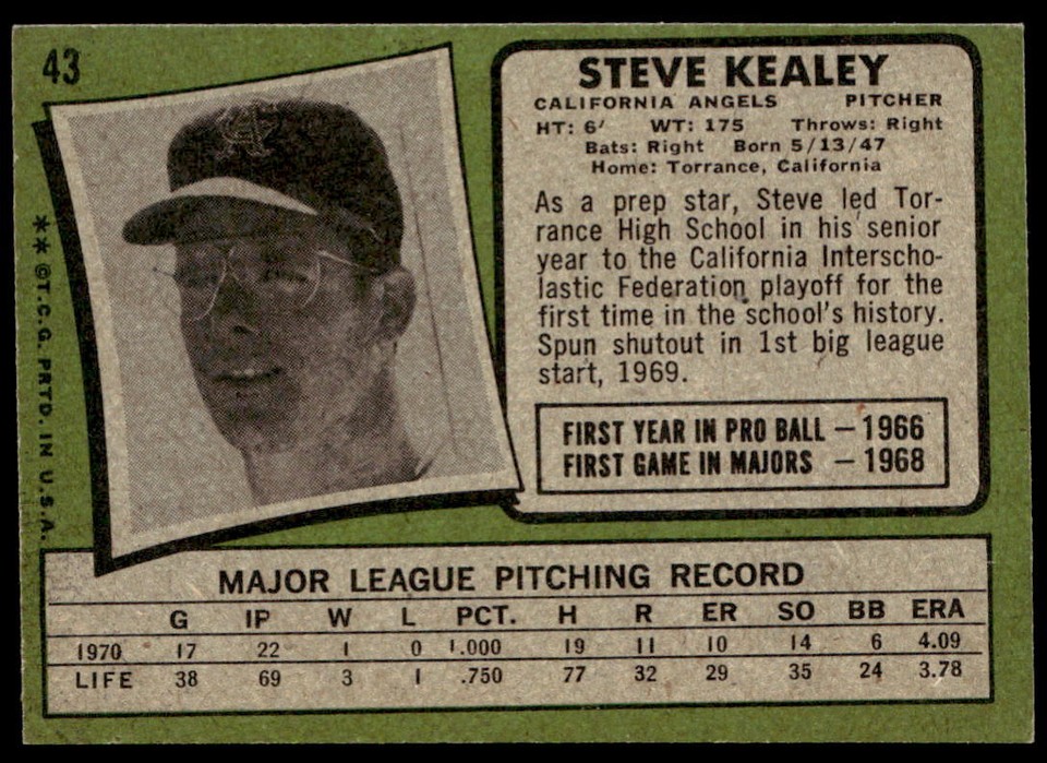 1971 Topps #43 Steve Kealey Baseball California Angels | eBay