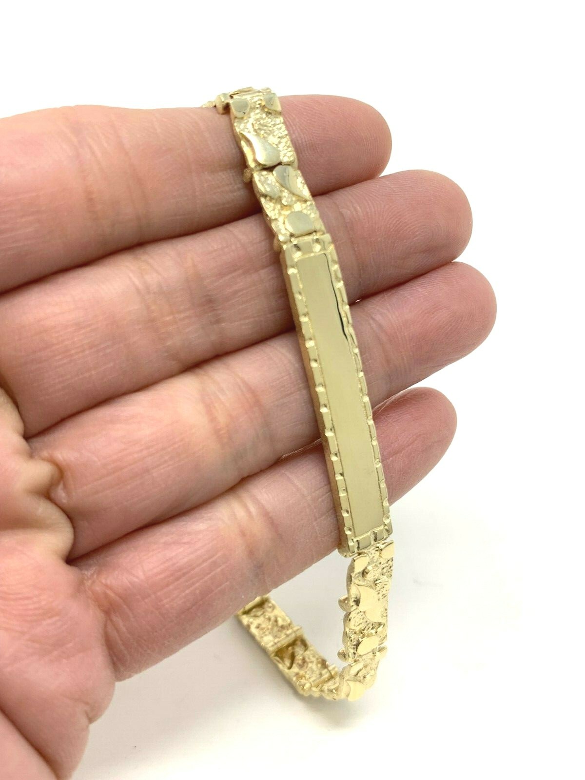 14k Yellow Gold Solid Nugget ID Bracelet Adjustable 8"- 8.5" 7.4mm 17.3 ...