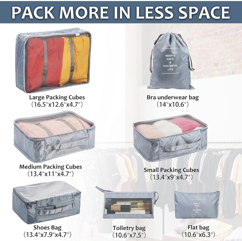 7pcs Packing Travel Cubes Luggage Compression Storage Bags Organiser ...