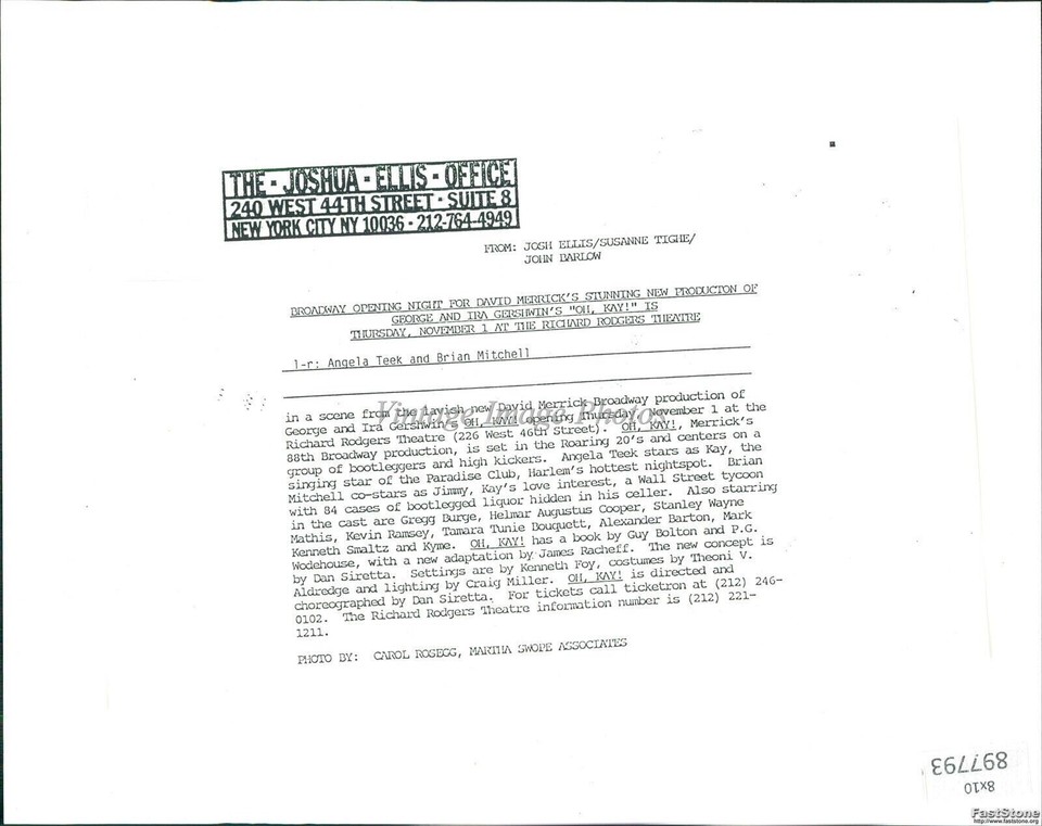 1990 Photo Angela Teek Brian Mitchell Star In Production Of Oh Kay ...