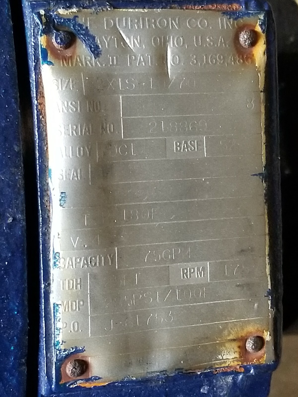 Durco Duriron pump, Mark II, 75 GPM, Size 2X1S-10/70, DCI alloy, 285PSI ...