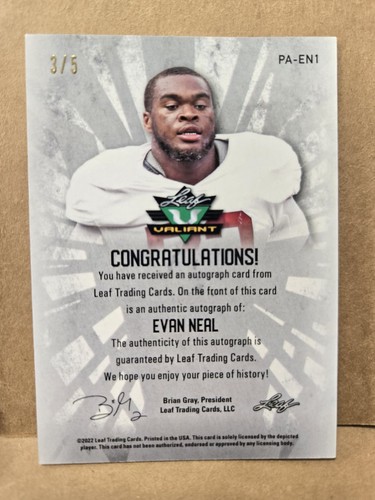 2022 Leaf Valiant Football Autograph Evan Neal 3/5 New York Giants #PA ...