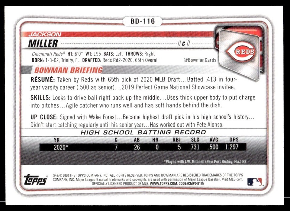 2020 Bowman Draft Jackson Miller G109 Cincinnati Reds #BD-116 | eBay