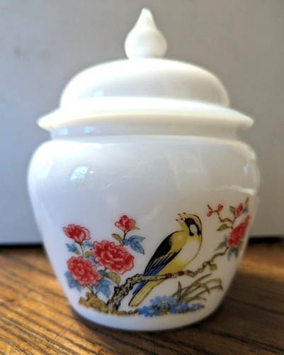 Vintage AVON White Milk Glass with Lid Ginger Jar Floral & Bird Design ...