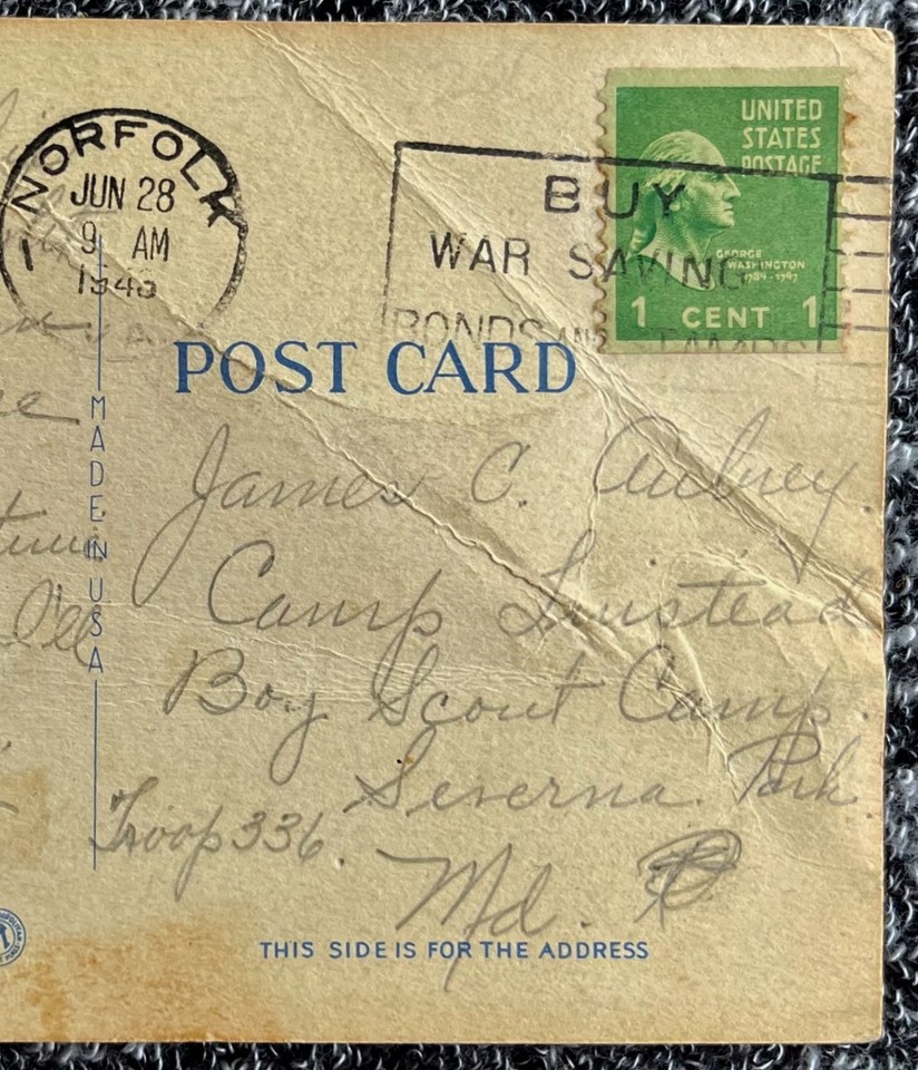 BOY SCOUT CAMP LINSTEAD vintage 1943 Postcard AIRPLANE CARRIER NORFOLK ...