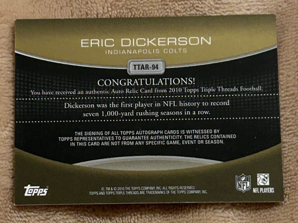 2010 Topps Triple Threads Eric Dickerson Auto & Jersey Card 1999 HOF 7/ ...