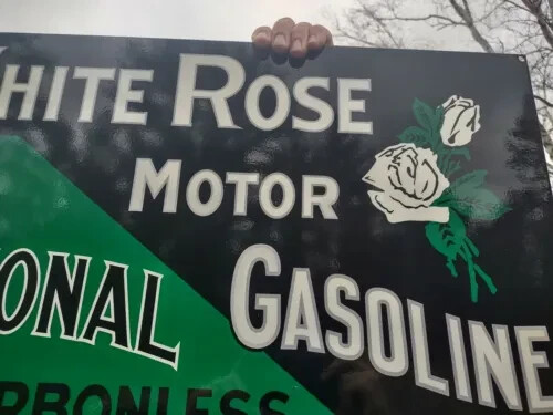 Large VINTAGE WHITE ROSE GASOLINE OIL PORCELAIN METAL GAS STATION SIGN ...