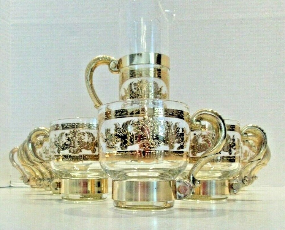 Hollywood Regency Gold Glass Martini Pitcher and Nine (9) Handled ...