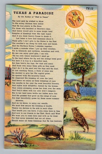 Texas A Paradise Poem Armadillo Rabbit Tree Curt Teich Linen Postcard ...