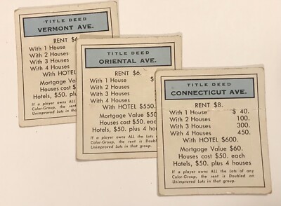 Vintage 1961 Monopoly Game Replacement Oriental, Vermont & Connecticut ...