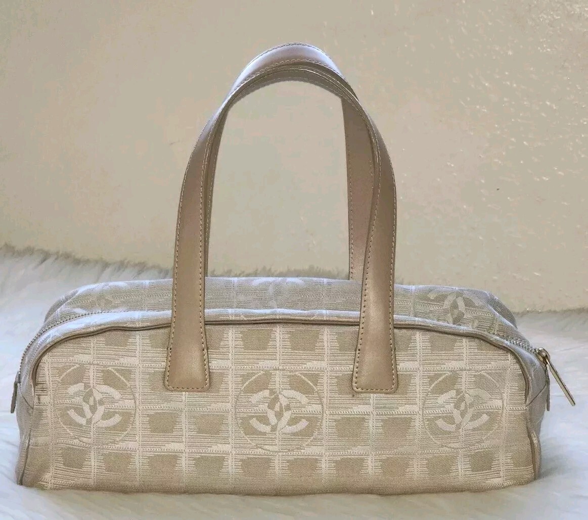 *Auth CHANEL New Travel Line Canvas Handbag Leather Beige w/ auth card ...