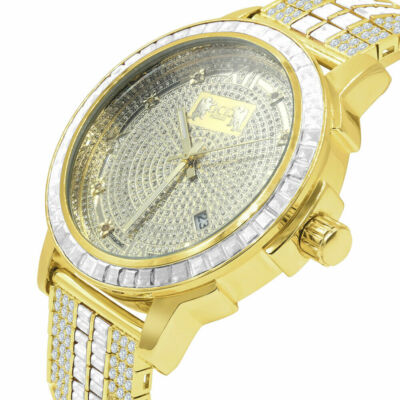 18K Yellow Gold Finish Solid Steel Bezel Custom Band Mens Watch W/Date ...