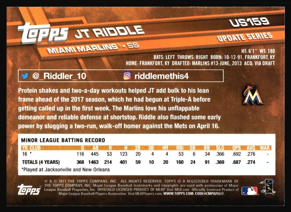 2017 Topps Update J.T. Riddle Rookie #US159 Miami Marlins | eBay